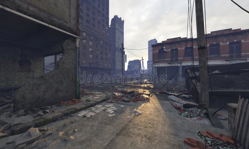 Post Apocalyptic Cityscape 3d Illustration Ruined Buildings Stock ...