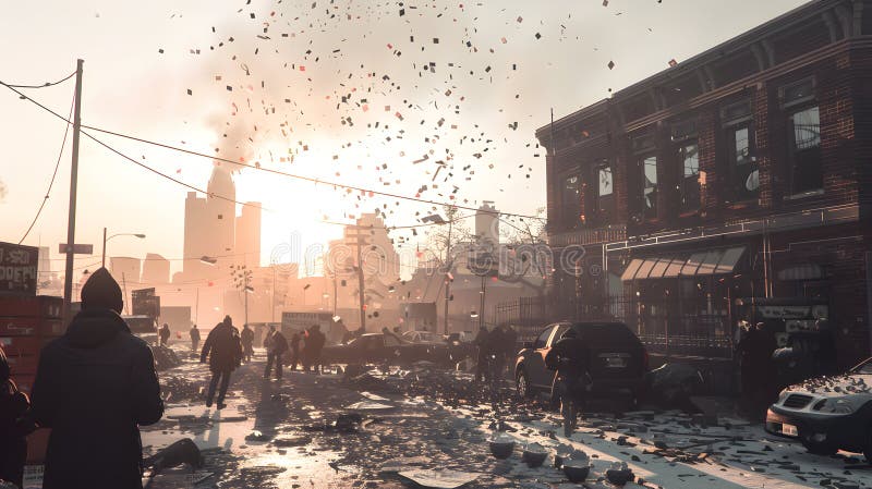 A Post-apocalyptic Cityscape with Debris and Scattered Objects Under a ...