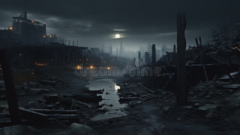 Post-Apocalyptic Cityscape with Moonlight Stock Photo - Image of ...