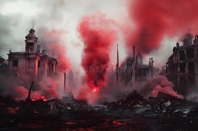 Post-Apocalyptic Cityscape with Red Smoke and Ruined Structures Stock ...