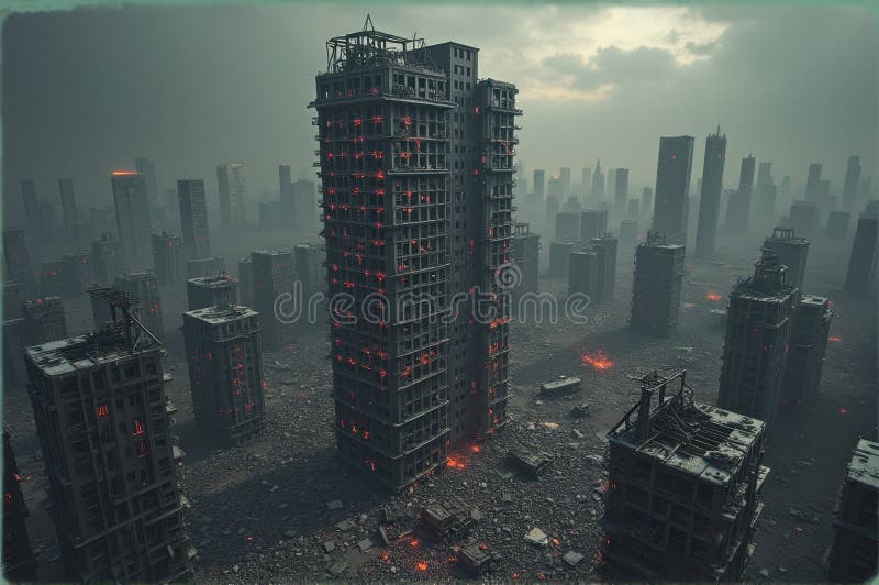 Post-apocalyptic Cityscape with Ruined Skyscrapers and Overcast Sky ...