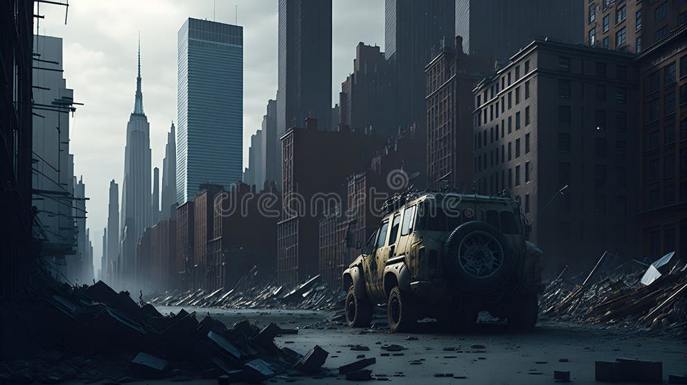 A Post Apocalyptic Cityscape with a Skyline Stock Illustration ...