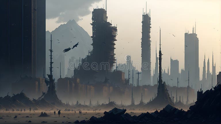 A Post Apocalyptic Cityscape with a Skyline Stock Illustration ...