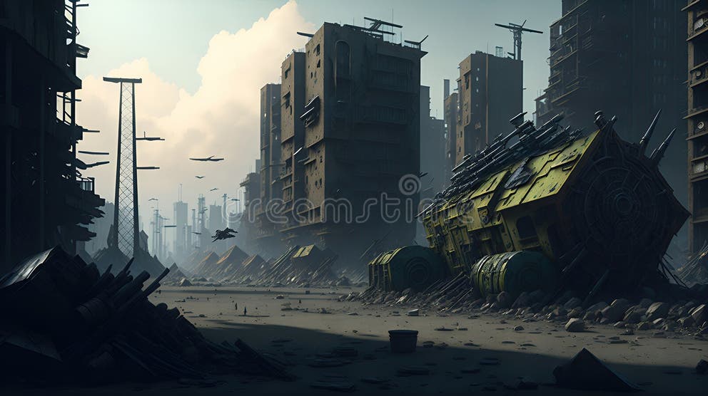 A Post Apocalyptic Cityscape with a Skyline Stock Illustration ...