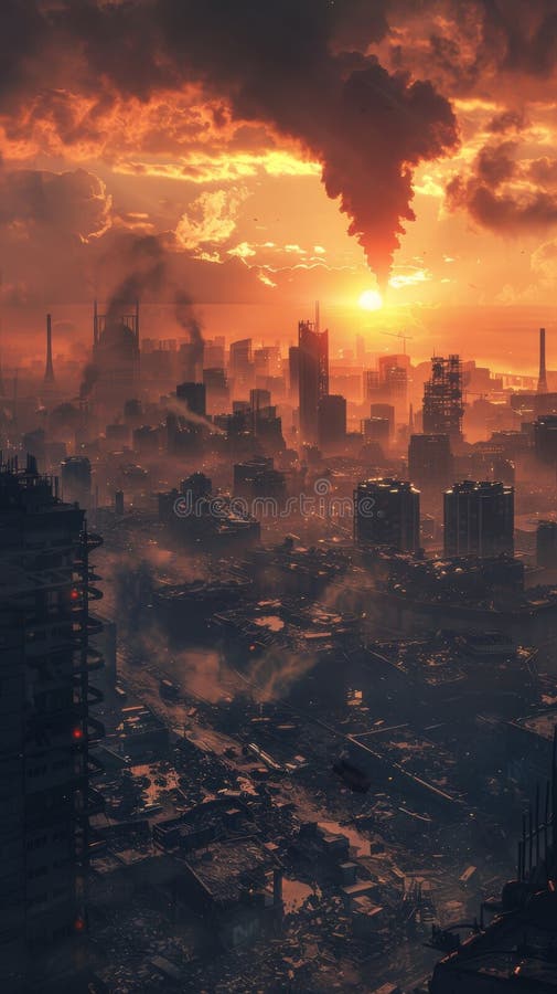 Post-apocalyptic Cityscape at Sunset, Dramatic Sky. Dystopian Future ...