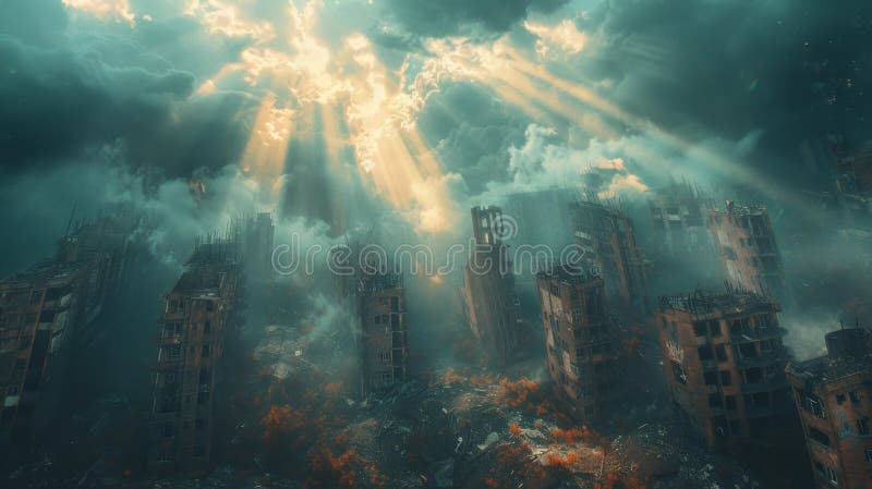 Post-apocalyptic Cityscape Under Dramatic Clouds - Generative Ai Stock ...