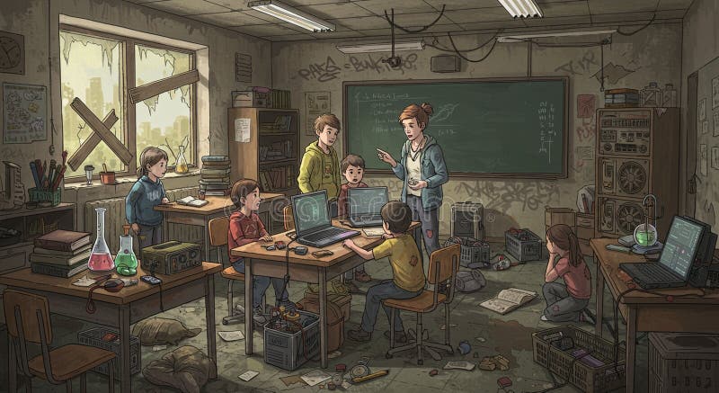 Post-apocalyptic Classroom Scene with Animated Characters in a ...