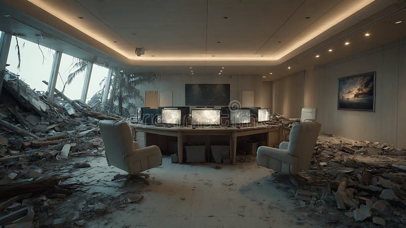 Post Apocalyptic Control Room Interior Design with Destroyed Building ...