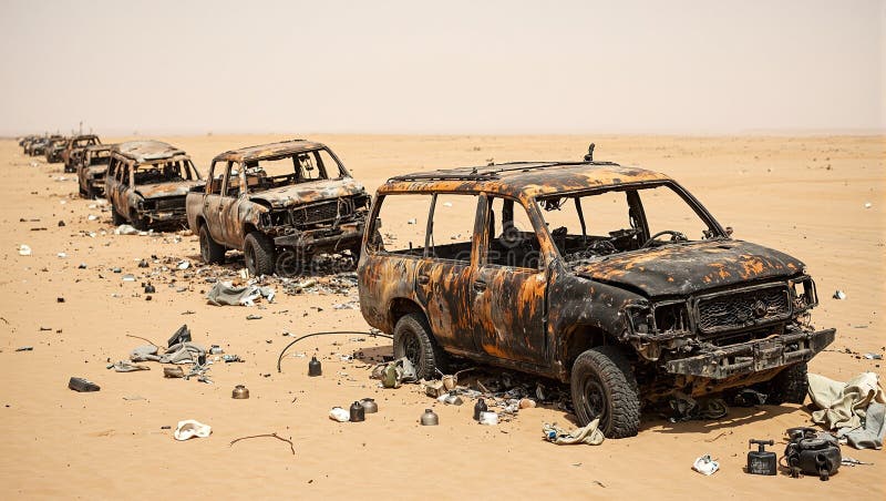 Post Apocalyptic Desert Scene with Destroyed Military Convoy Stock ...