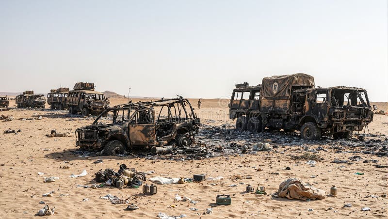 Post Apocalyptic Desert Scene with Destroyed Military Convoy Stock ...