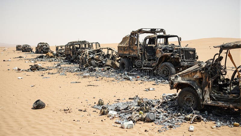 Post Apocalyptic Desert Scene with Destroyed Military Convoy Stock ...