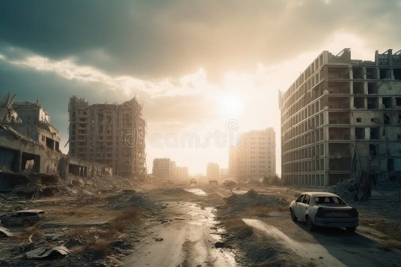 Post Apocalyptic and Destroyed Buildings in a Big City Created with ...