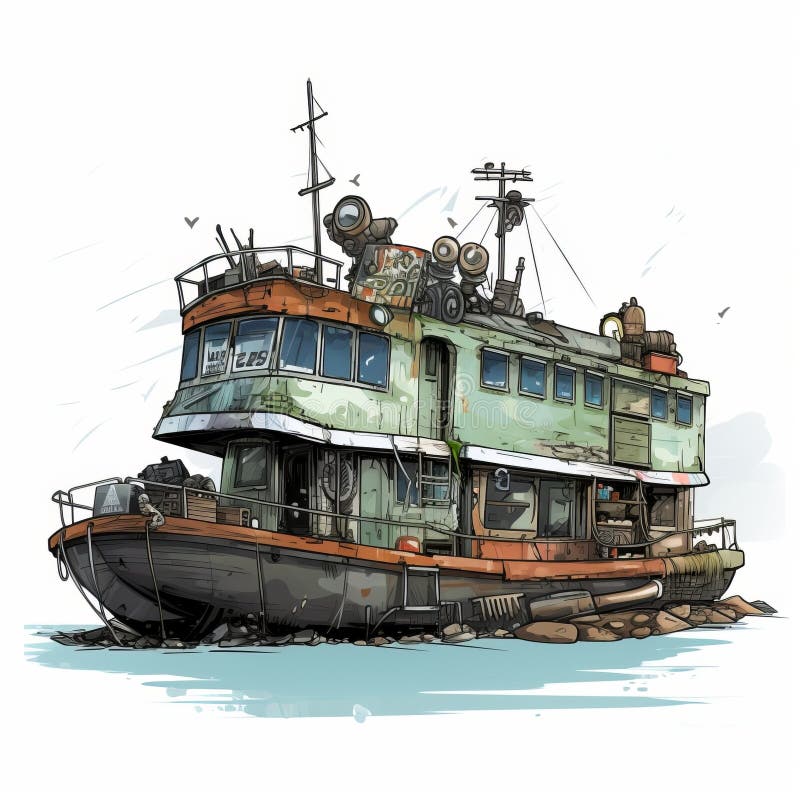 Post-apocalyptic Ferry Illustration with Graffiti Style Stock ...