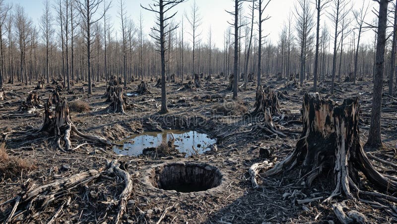 Post Apocalyptic Forest with Charred Stumps Splintered Trees and Murky ...