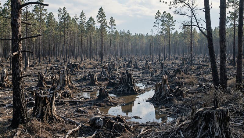 Post Apocalyptic Forest with Charred Stumps Splintered Trees and Murky ...