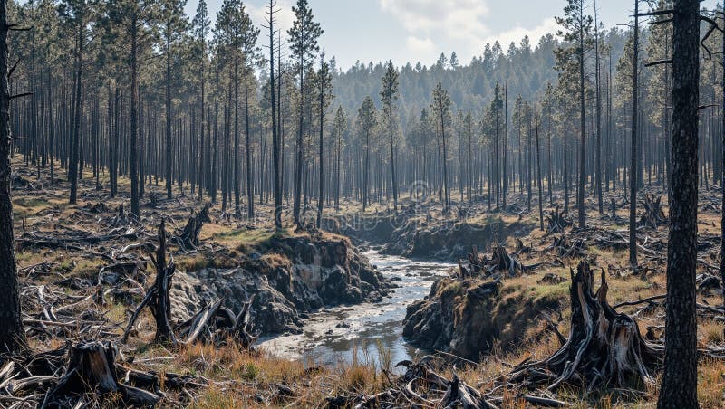 Post Apocalyptic Forest with Charred Stumps Splintered Trees and Murky ...