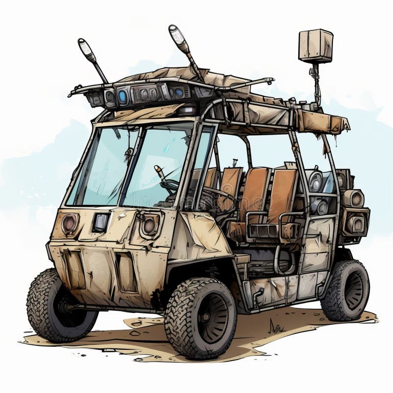 Post-apocalyptic Golf Cart Illustration on Colored Paper Stock ...