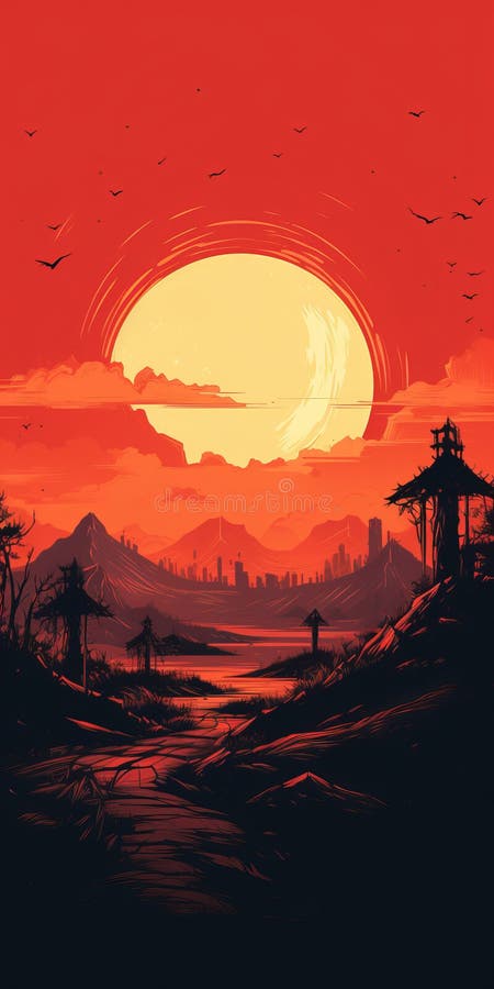 Post-apocalyptic Hills with Red Sun Illustration Stock Illustration ...