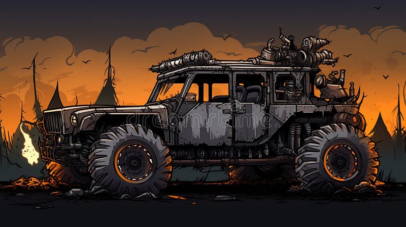 Post-apocalyptic Jeep with Fire and Gas on Windshield Stock ...