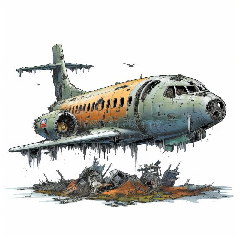 Post-apocalyptic Jet Illustration: Crashed Airplane Flying through ...