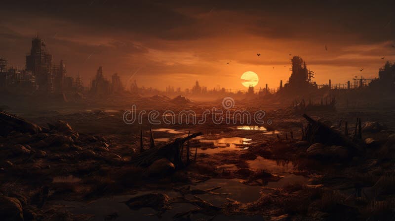 Post Apocalyptic Landscape stock illustration. Illustration of cloud ...