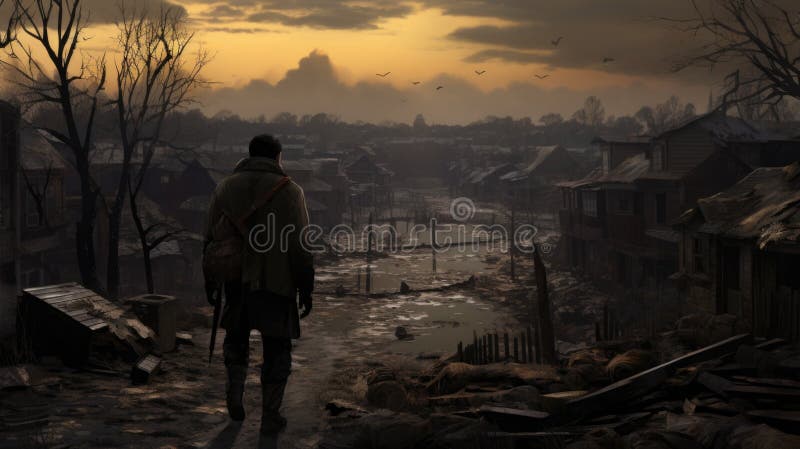 Post-apocalyptic Landscape with a Man in the Rain, AI Stock Image ...