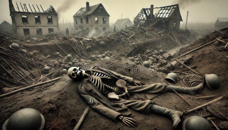 Post-apocalyptic Landscape with Skeletons and Ruined Buildings Stock ...