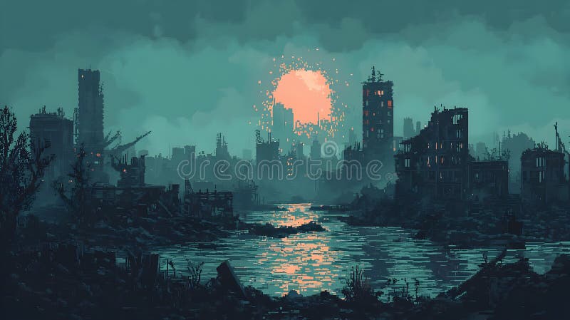 Post Apocalyptic Pixel Art Cityscape with River Reflection at Dusk in a ...