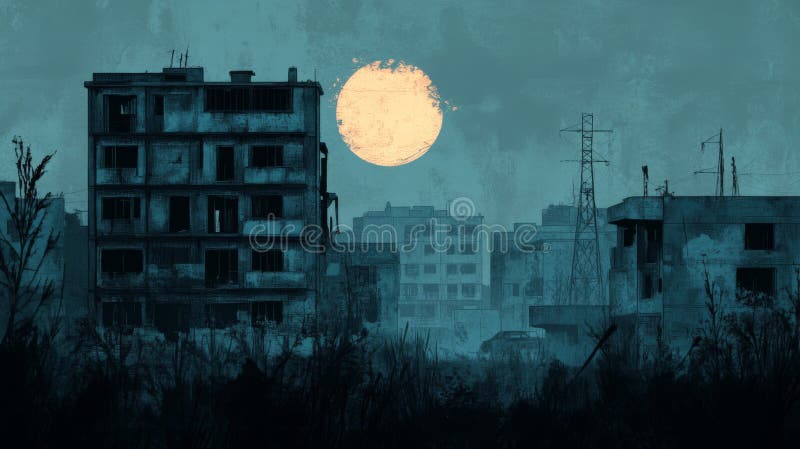 Post-Apocalyptic Pixelated Cityscape at Night Stock Illustration ...
