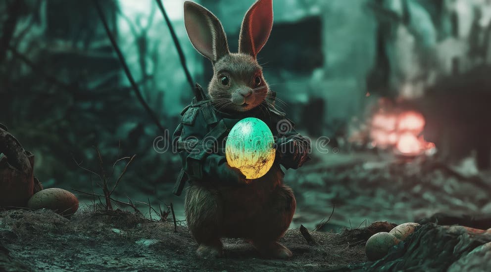 Post-Apocalyptic Rabbit Holding Glowing Easter Egg Stock Image - Image ...