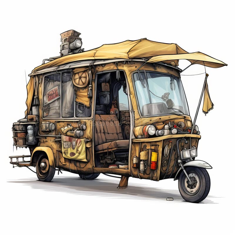 Post-apocalyptic Rickshaw Taxi Illustration by Tim Okamura Stock ...