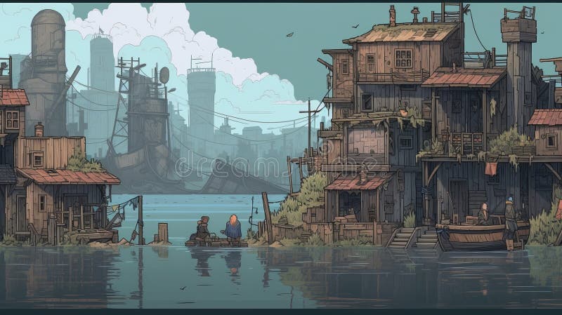 Post-apocalyptic Riverside in 16-bit Pixel Art Style Stock Illustration ...