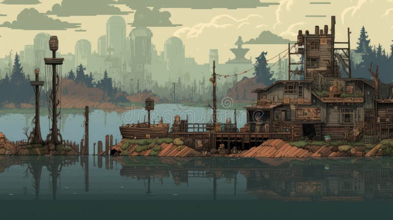Post-apocalyptic Riverside in 16-bit Pixel Art Style Stock Illustration ...