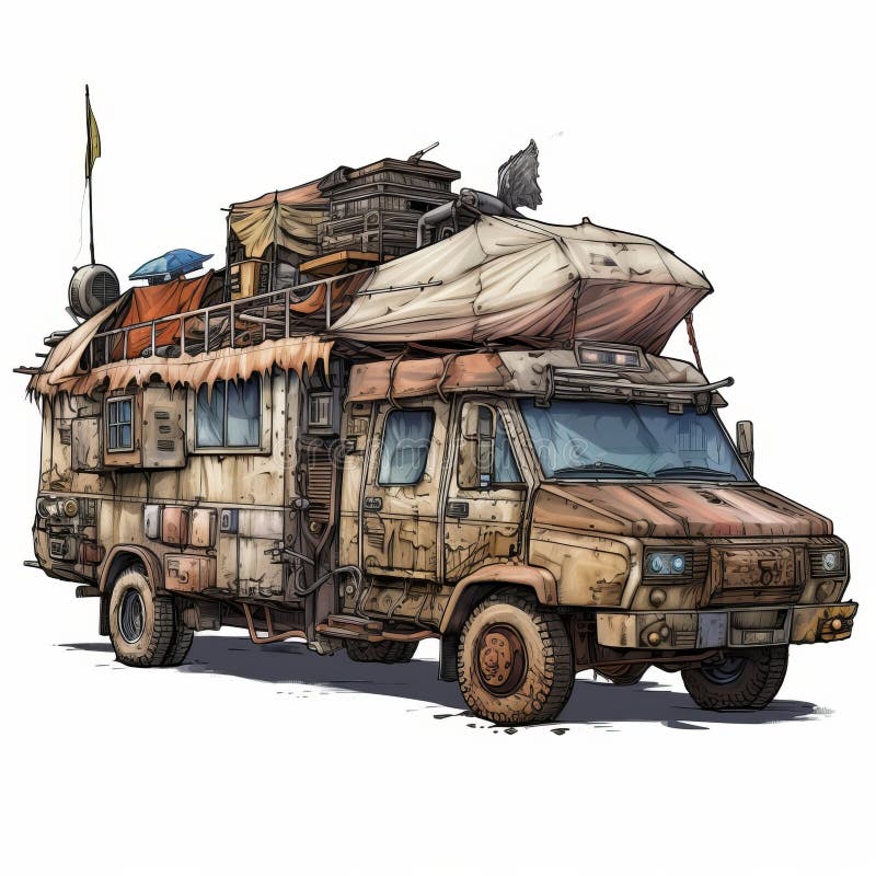 Post-apocalyptic Rv Illustration with Detailed Character Design Stock ...