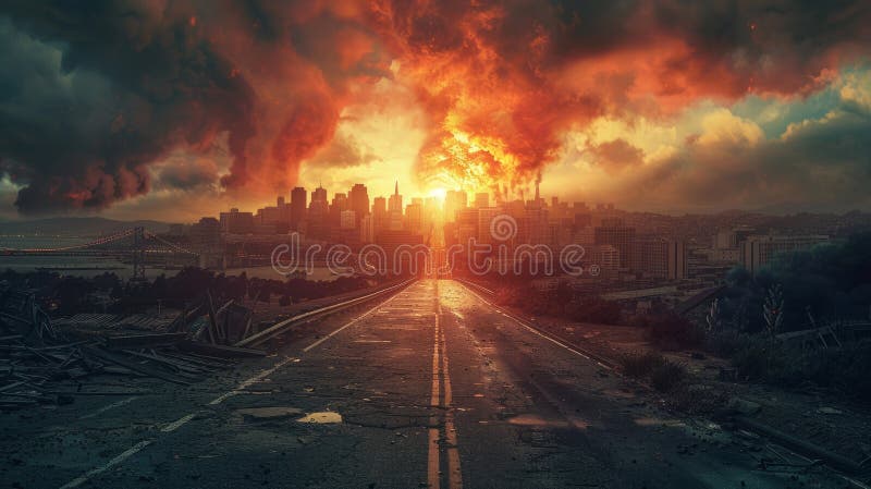 Post Apocalyptic San Francisco Skyline at Sunset with Dramatic Clouds ...
