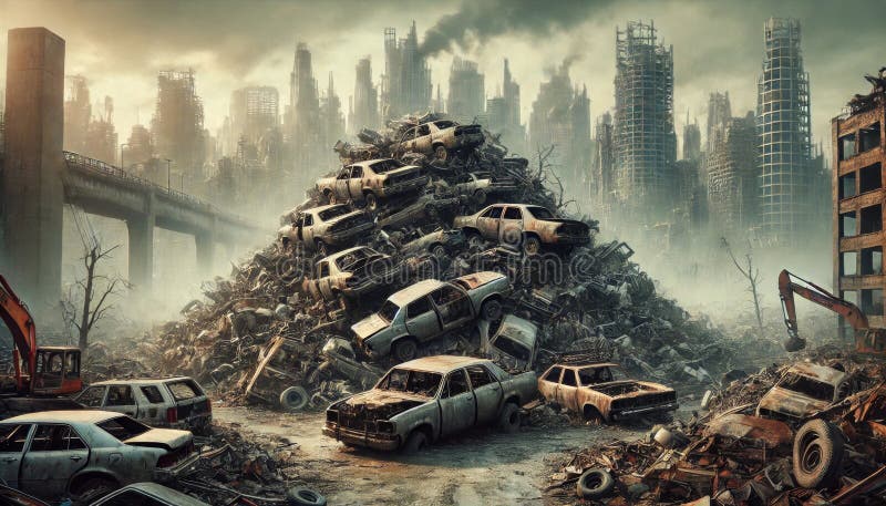 Post-apocalyptic Scene of Massive Car Junkyard with Ruined City ...