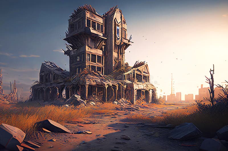 Post-apocalyptic Scenery with Destroyed Building Structures Stock ...