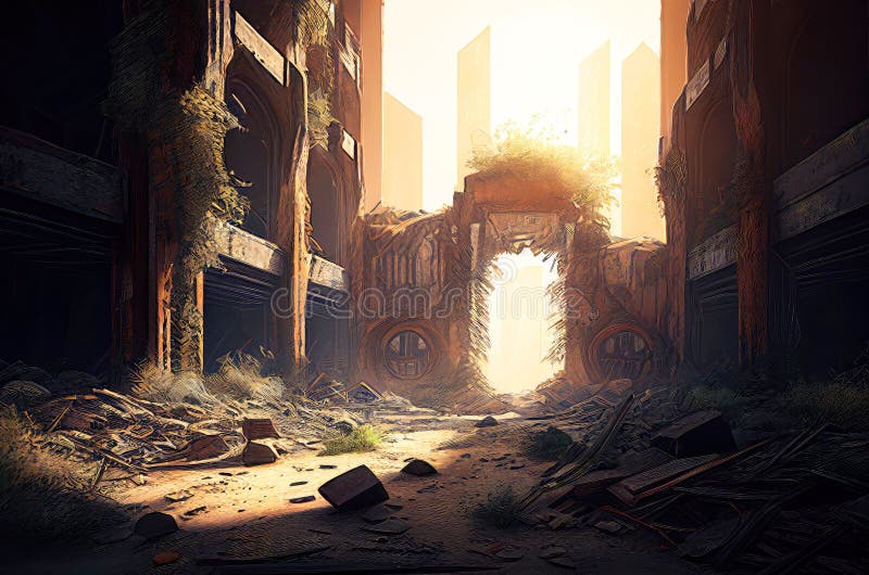 Post-apocalyptic Scenery with Destroyed Building Structures Stock ...