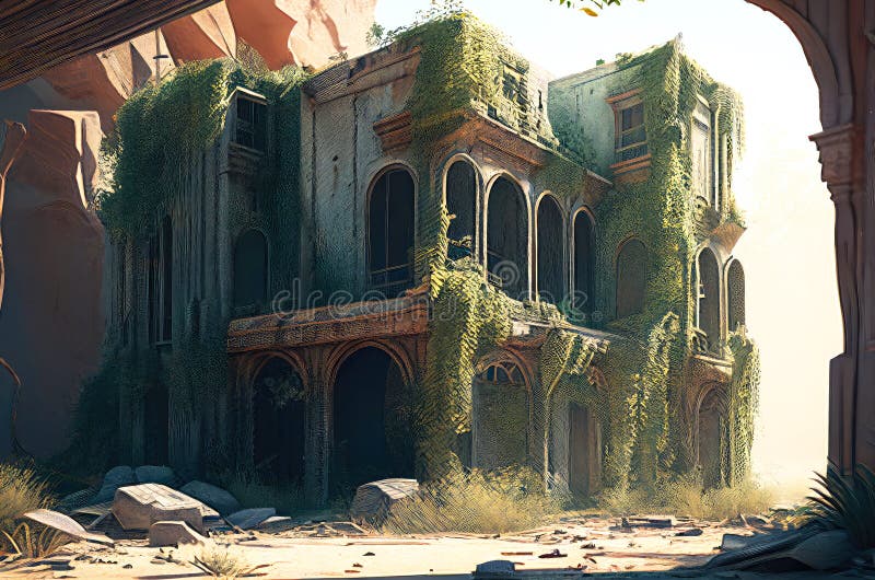 Post-apocalyptic Scenery with Destroyed Building Structures Stock ...