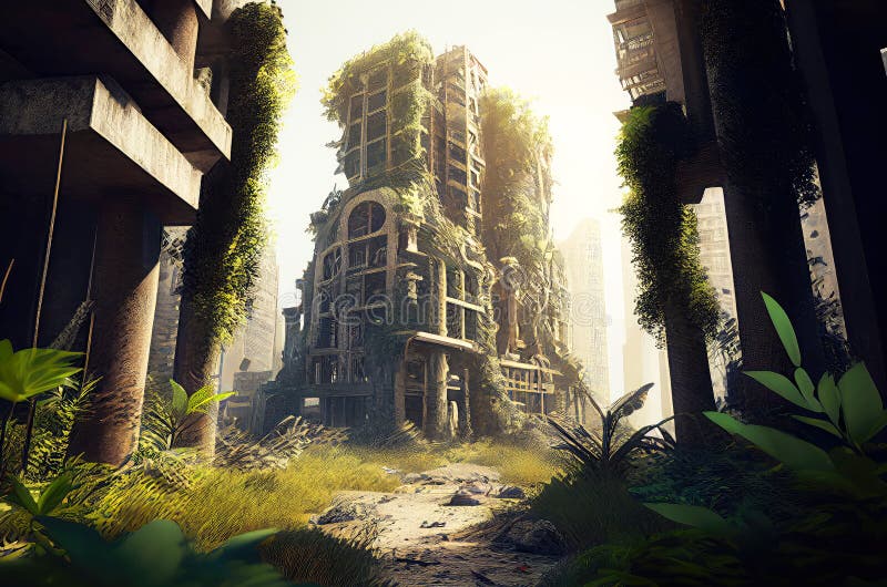 Post-apocalyptic Scenery with Destroyed Building Structures Stock ...