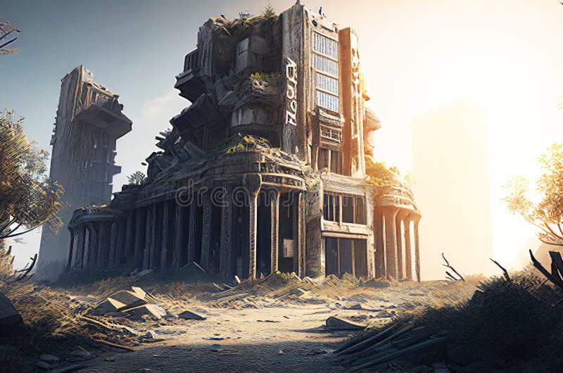 Post-apocalyptic Scenery with Destroyed Building Structures Stock ...