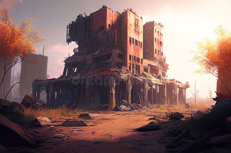 Post-apocalyptic Scenery with Destroyed Building Structures Stock ...