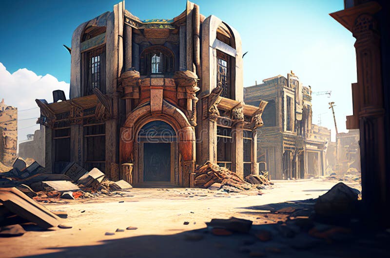 Post-apocalyptic Scenery with Destroyed Building Structures Stock ...