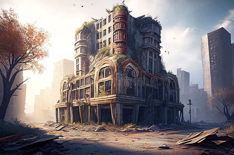 Post-apocalyptic Scenery with Destroyed Building Structures Stock ...