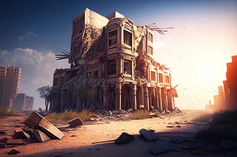 Post-apocalyptic Scenery with Destroyed Building Structures Stock ...