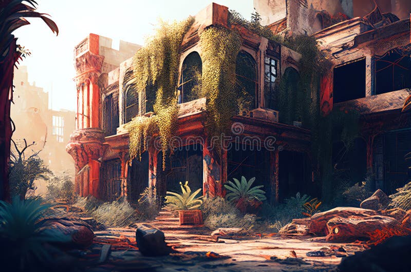 Post-apocalyptic Scenery with Destroyed Building Structures Stock ...