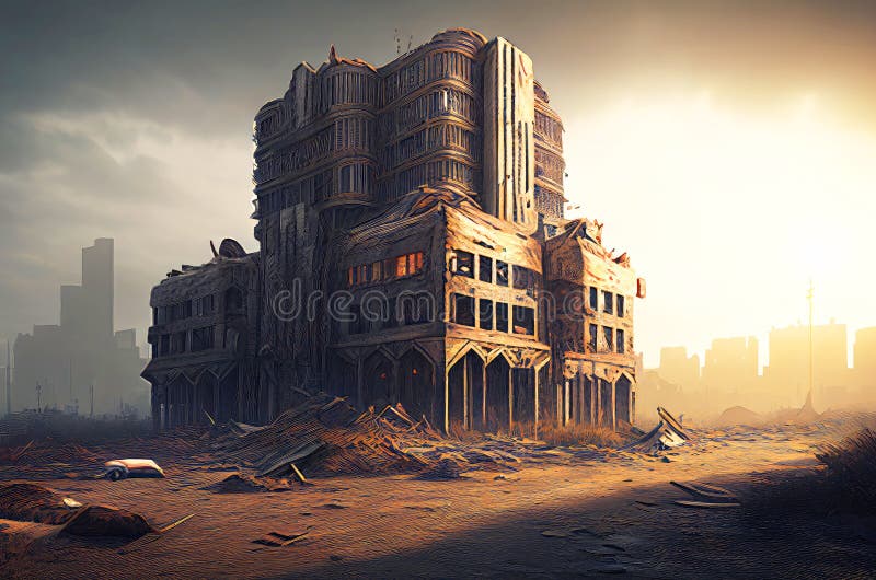 Post-apocalyptic Scenery with Destroyed Building Structures Stock ...