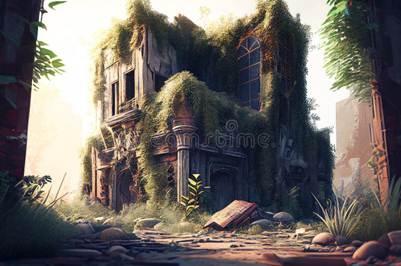 Post-apocalyptic Scenery with Destroyed Building Structures Stock ...