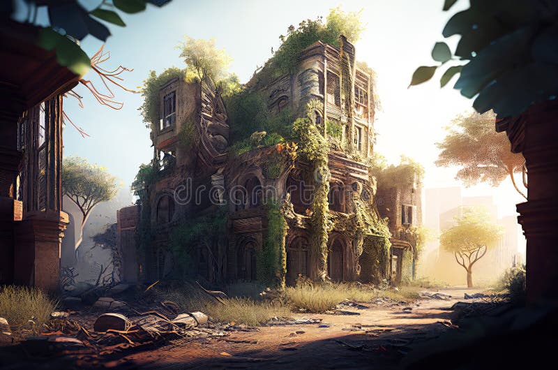 Post-apocalyptic Scenery with Destroyed Building Structures Stock ...