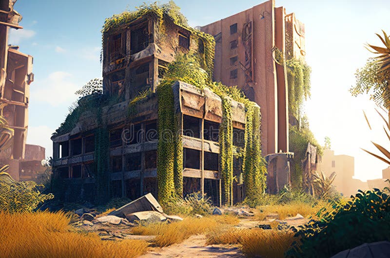Post-apocalyptic Scenery with Destroyed Building Structures Stock ...